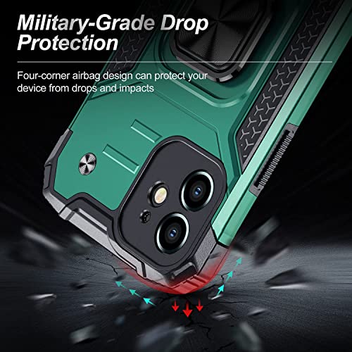 VOMODI Compatible for iPhone 12 Case,with Screen Protector 2Pcs,Heavy Duty Shockproof Bumper,with Magnetic Stand Ring & Camera Cover,Hard Protective Phone Cases for iPhone 12 6.1 inch Green