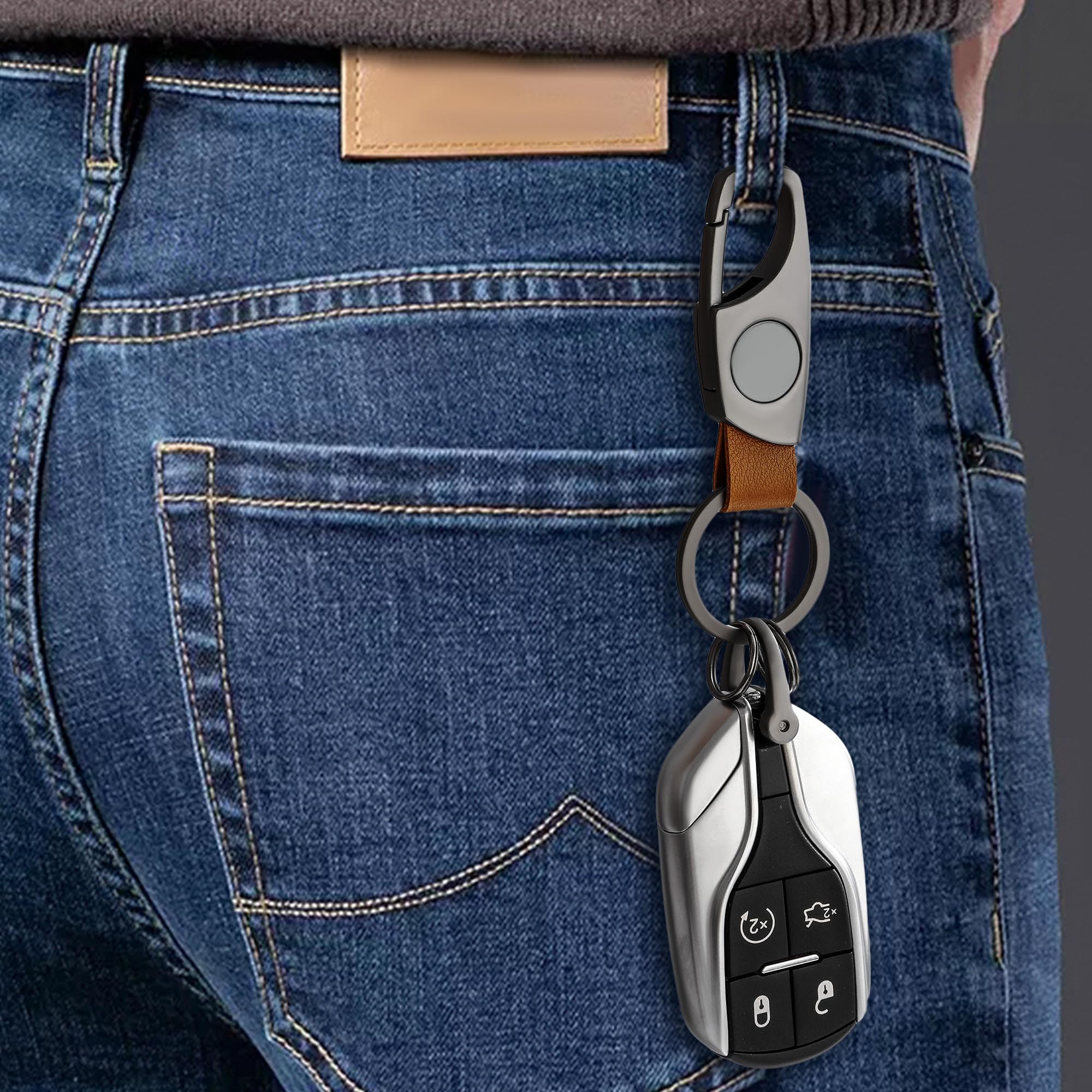 Gkeygo Carabiner Keychain, Key Chains for Car Key with 2 Key Rings and Anti-Lost D-Ring, Multifunctional Keychains for Men and Women β Grey(Brown Leather)