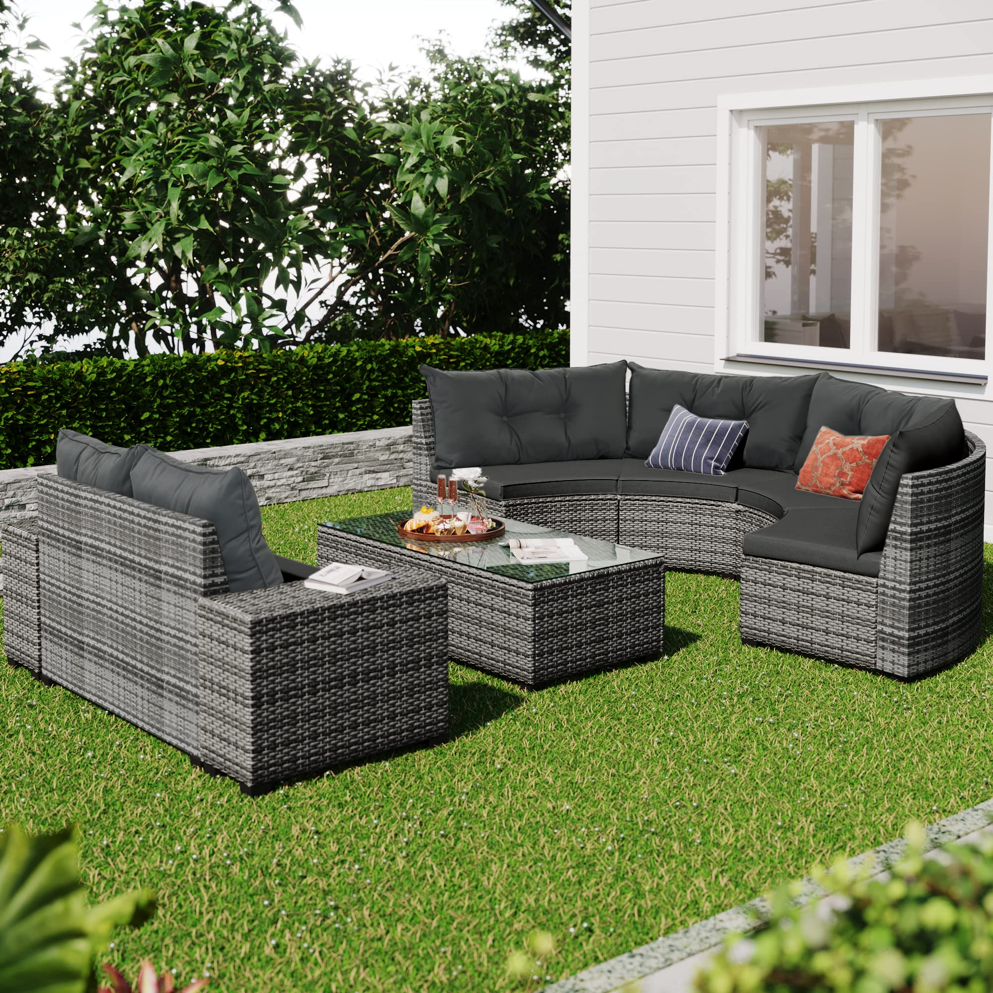 8-Pieces Outdoor Wicker Half-Moon Sectional Sofa Set, All-Weather PE Rattan Wicker Furniture Set with Rectangular Coffee Table and Movable Cushion, Best for Business Conversations (Gray/8-piece*H)