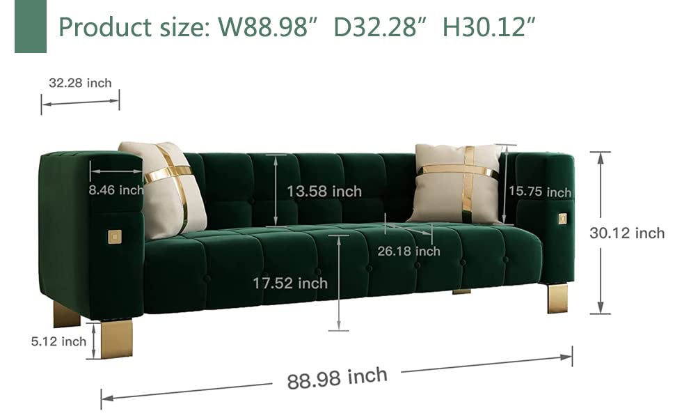 MoLiFaning 89" Modern Chesterfield Velvet Sofas Mid Century Modern Button Tufted Velvet Couches with 2 Pillows and Gold Legs,for Living Room Apartment Bedroom Office (89" Green)