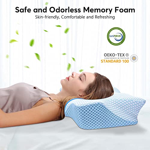 Anvo Cervical Neck Pillow for Neck and Shoulder Pain - Memory Foam Neck Pillows for Pain Relief Sleeping, Side Sleeper Pillow, Contour Orthopedic Soft Pillow for Back Stomach Sleeper - Blue
