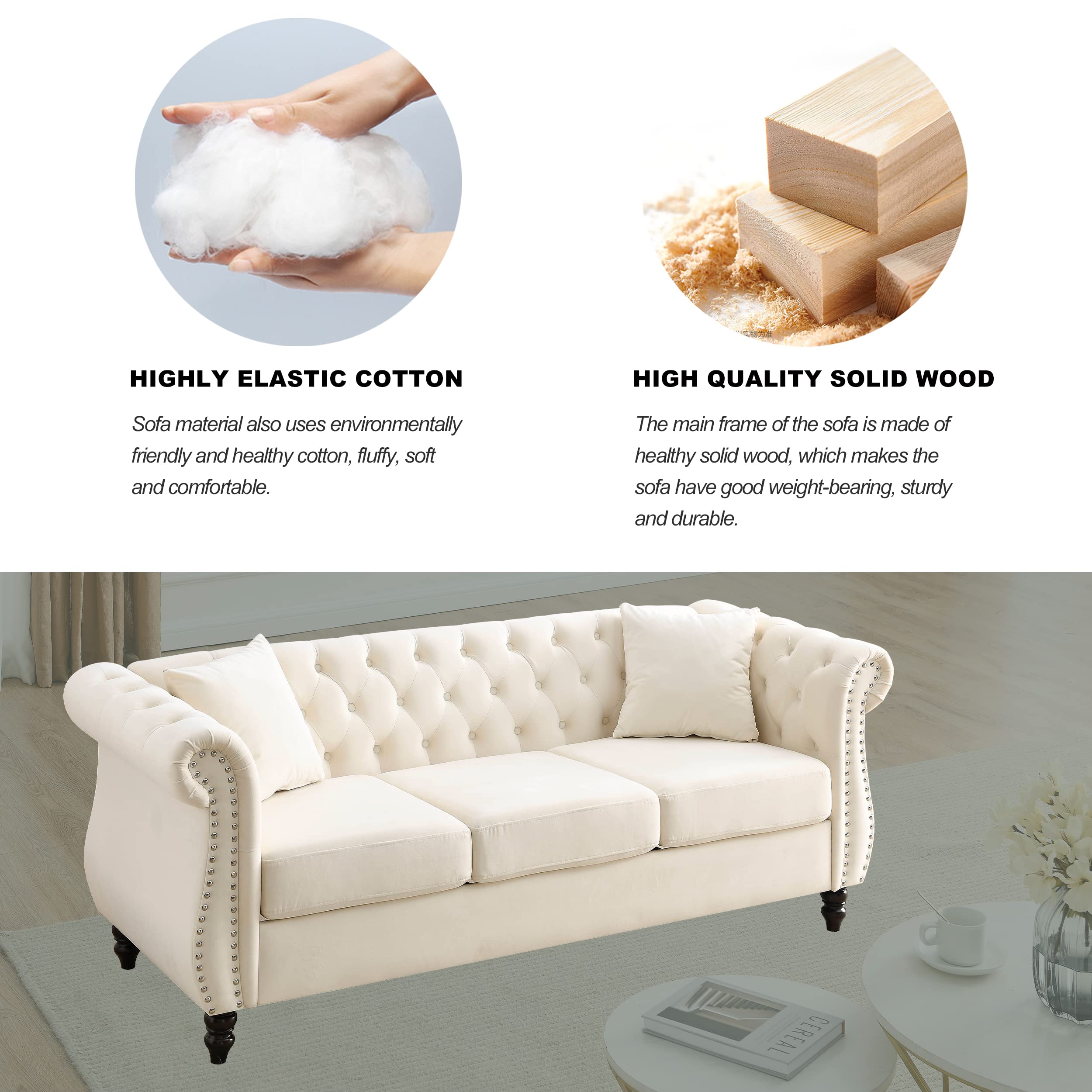 80" Chesterfield Sofa Couch Velvet 3-Seater Sofa with Two Pillows, Nailhead & Rolled Arms Upholstered Sofa with Curved Backrest Solid Wood Legs for Living Room, Bedroom, Office (Beige)
