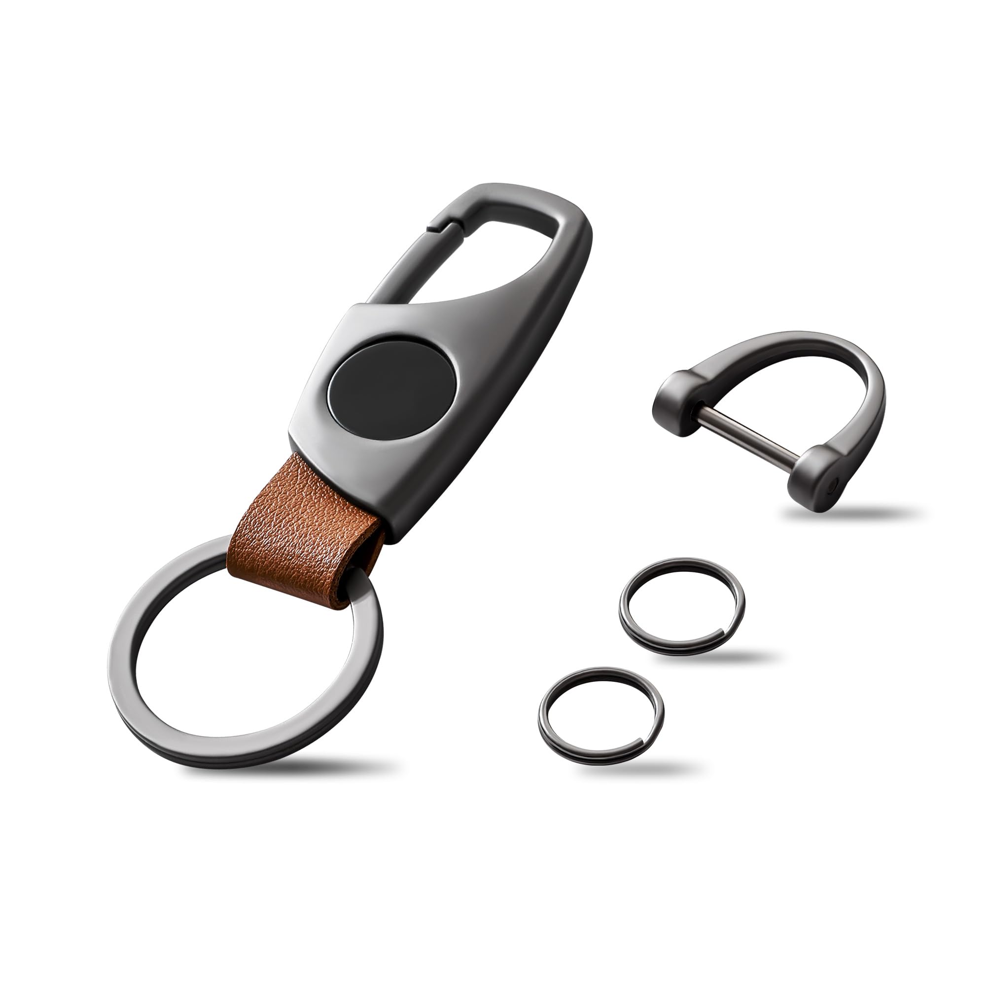 Gkeygo Carabiner Keychain, Key Chains for Car Key with 2 Key Rings and Anti-Lost D-Ring, Multifunctional Keychains for Men and Women β Grey(Brown Leather)