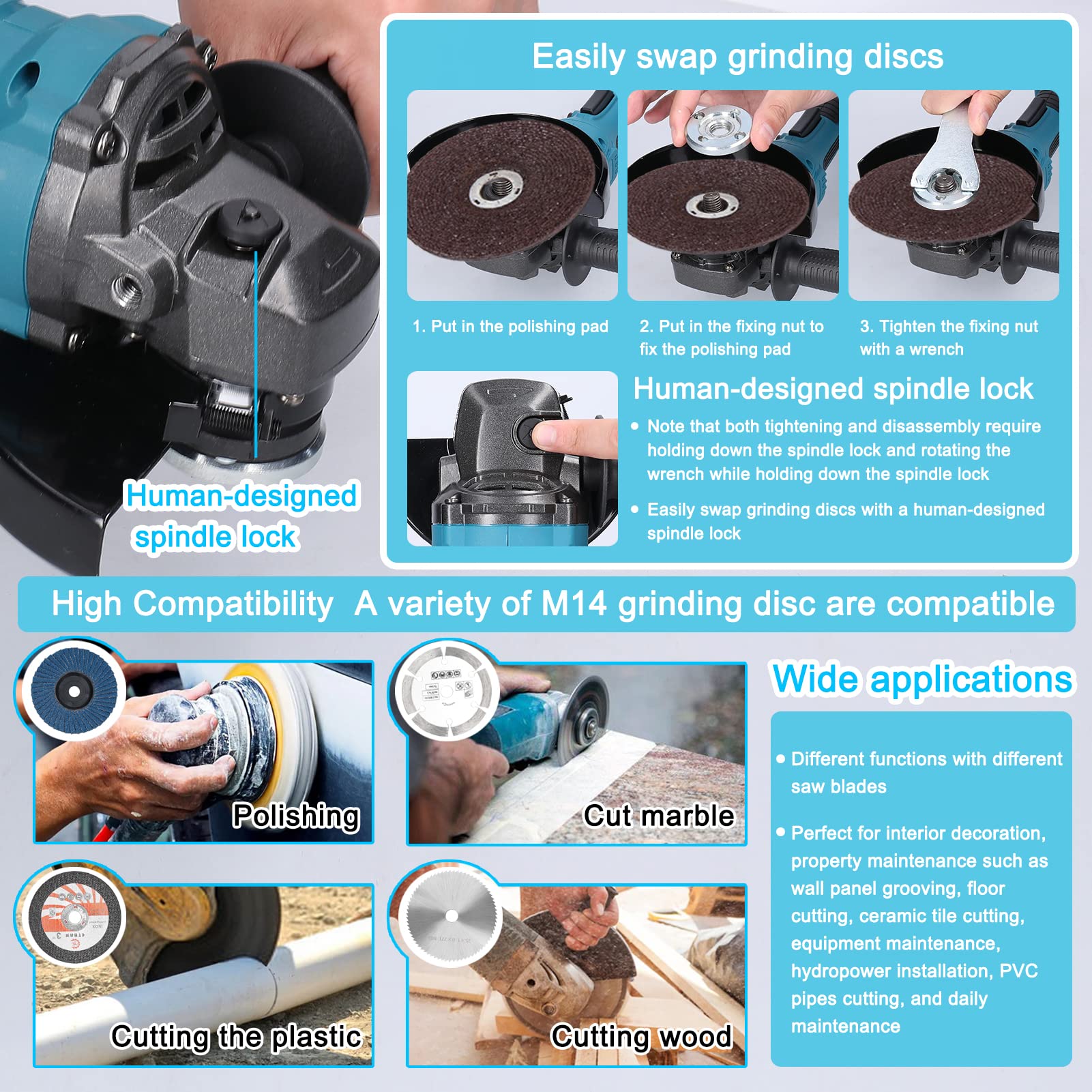 Cordless Angle Grinder, Weytoll 21V Brushless Cordless Grinder, Electric Grinding Wheels, Lithium Cutter Utility Power Tool 125mm M14 Angle Grinder With wrench, Assist Grip Handle and Baffle