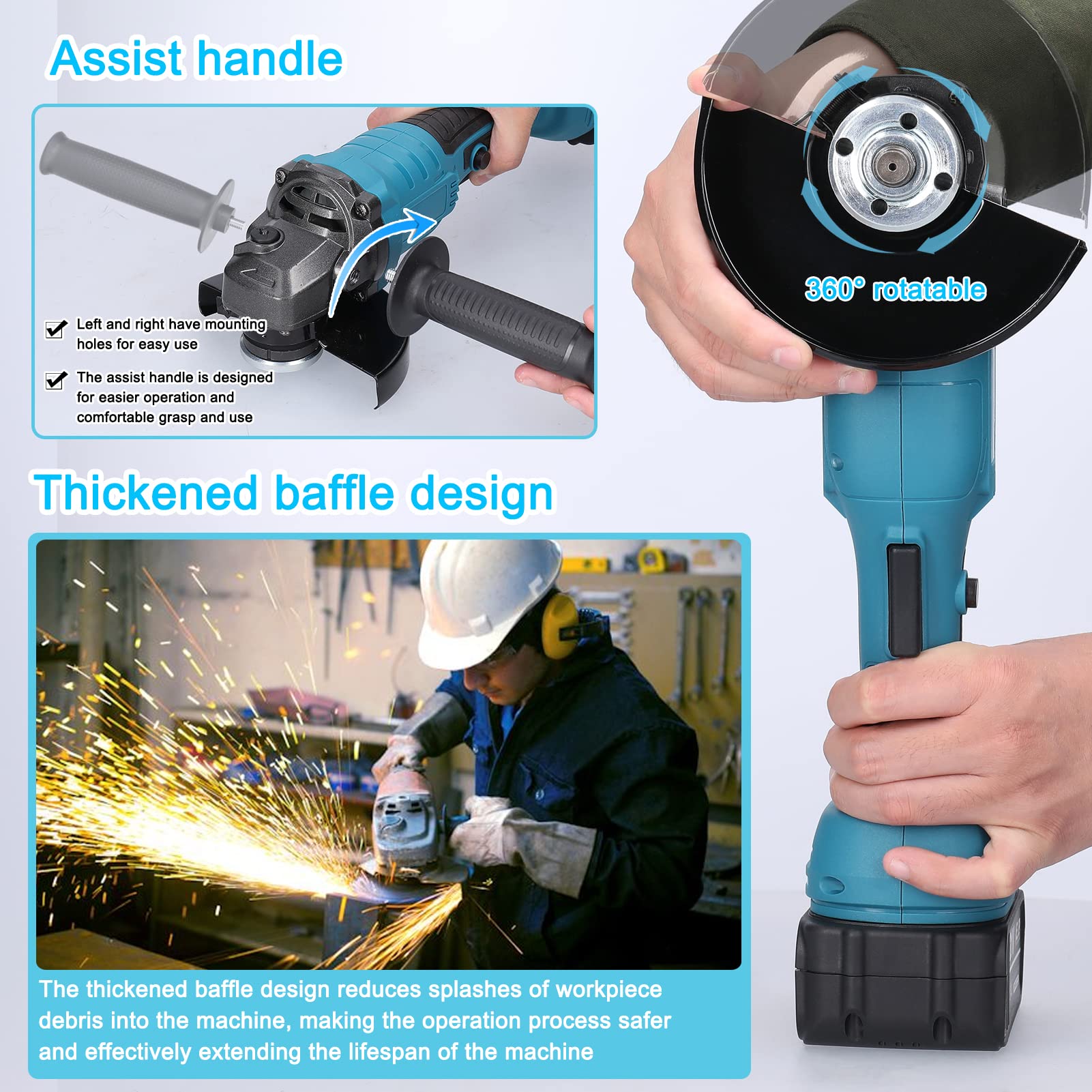Cordless Angle Grinder, Weytoll 21V Brushless Cordless Grinder, Electric Grinding Wheels, Lithium Cutter Utility Power Tool 125mm M14 Angle Grinder With wrench, Assist Grip Handle and Baffle