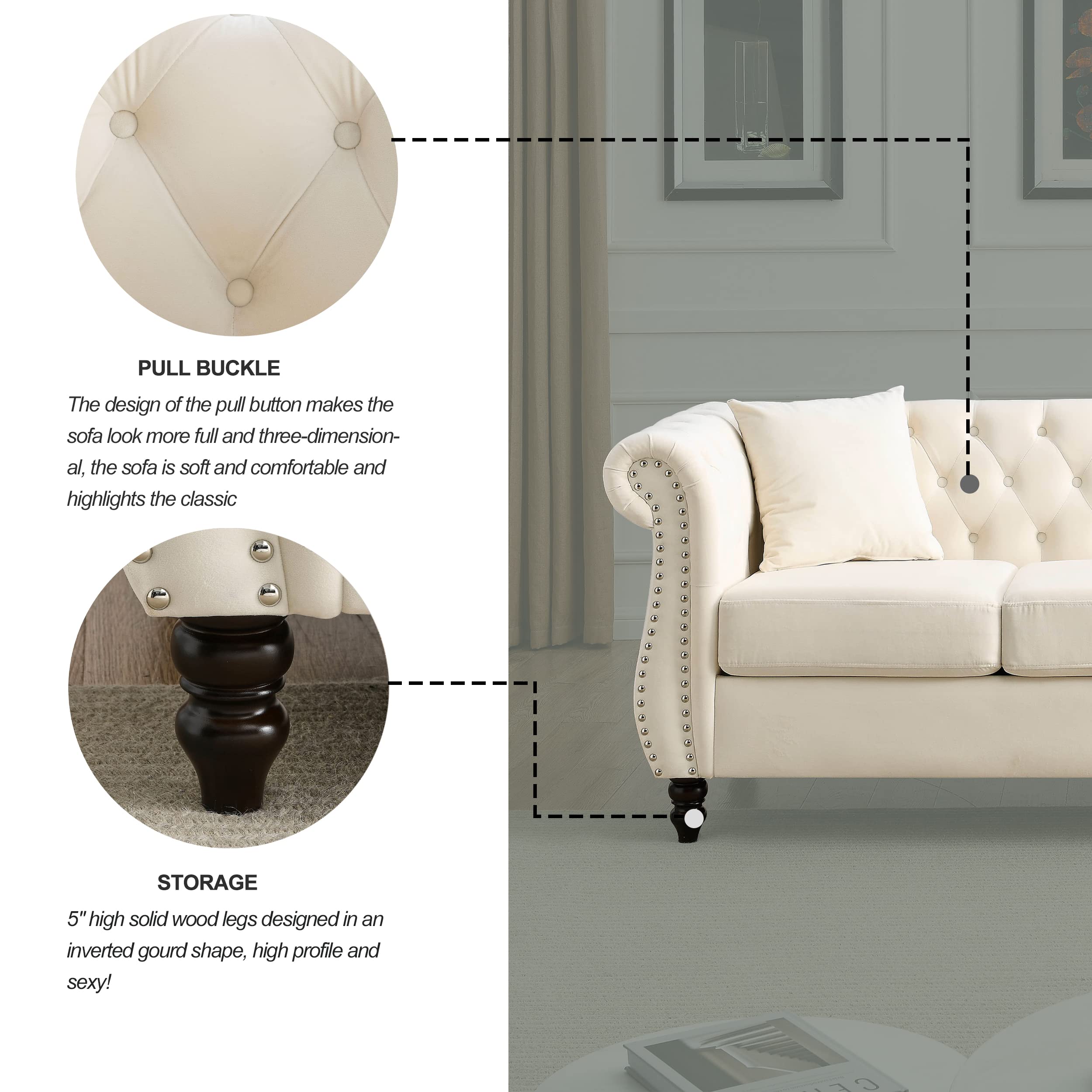 80" Chesterfield Sofa Couch Velvet 3-Seater Sofa with Two Pillows, Nailhead & Rolled Arms Upholstered Sofa with Curved Backrest Solid Wood Legs for Living Room, Bedroom, Office (Beige)