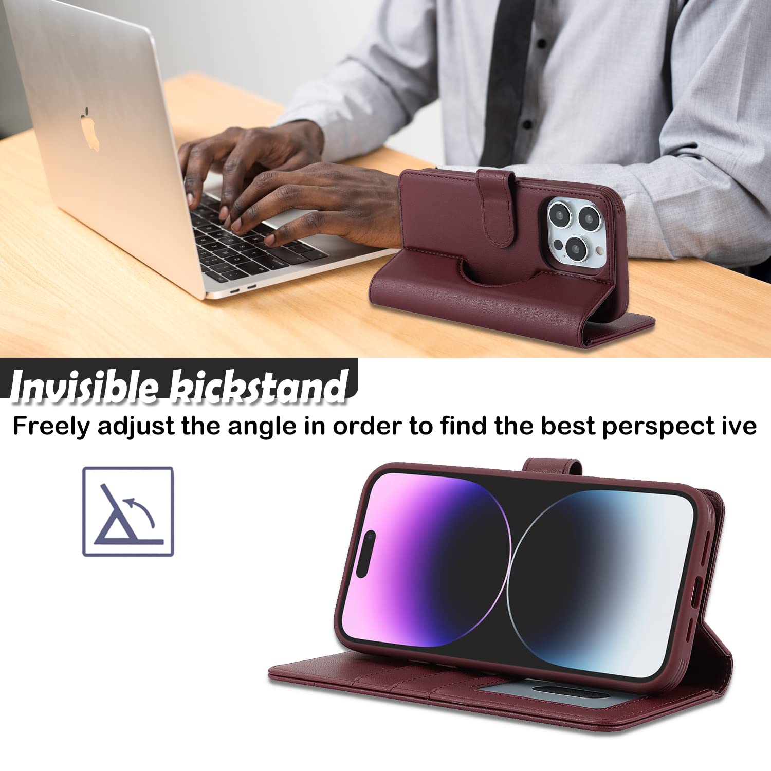 Havaya for iPhone 14 pro max Phone case Wallet for Women iPhone 14 pro max Wallet case Magsafe Compatible with Card Holder flip Folio Detachable Magnetic Leather Phone Cover-Wine Red