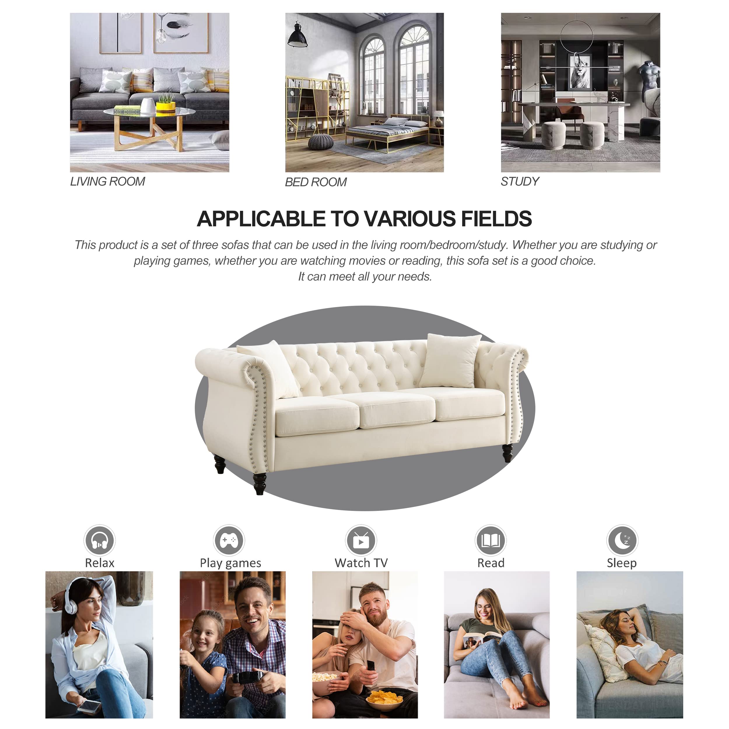 80" Chesterfield Sofa Couch Velvet 3-Seater Sofa with Two Pillows, Nailhead & Rolled Arms Upholstered Sofa with Curved Backrest Solid Wood Legs for Living Room, Bedroom, Office (Beige)