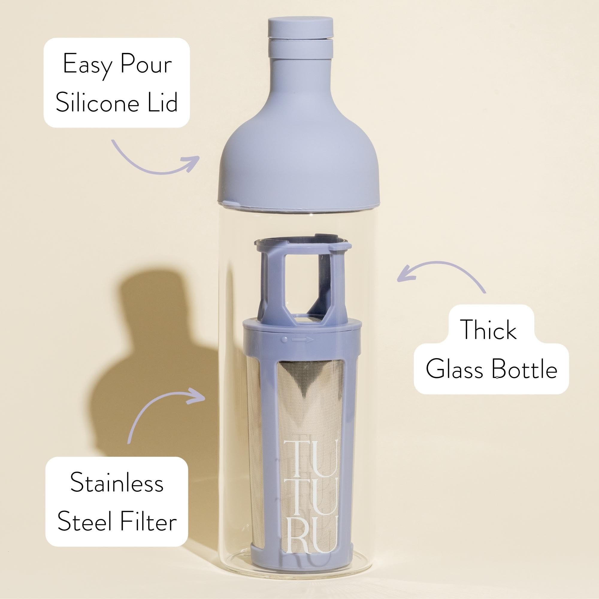 Cold Brew Bottle | Iced Coffee Maker, Thick Glass, Heavy Duty Stainless Steel Filter | Easy Pour and Removable Filter | 32 oz (1 QT)