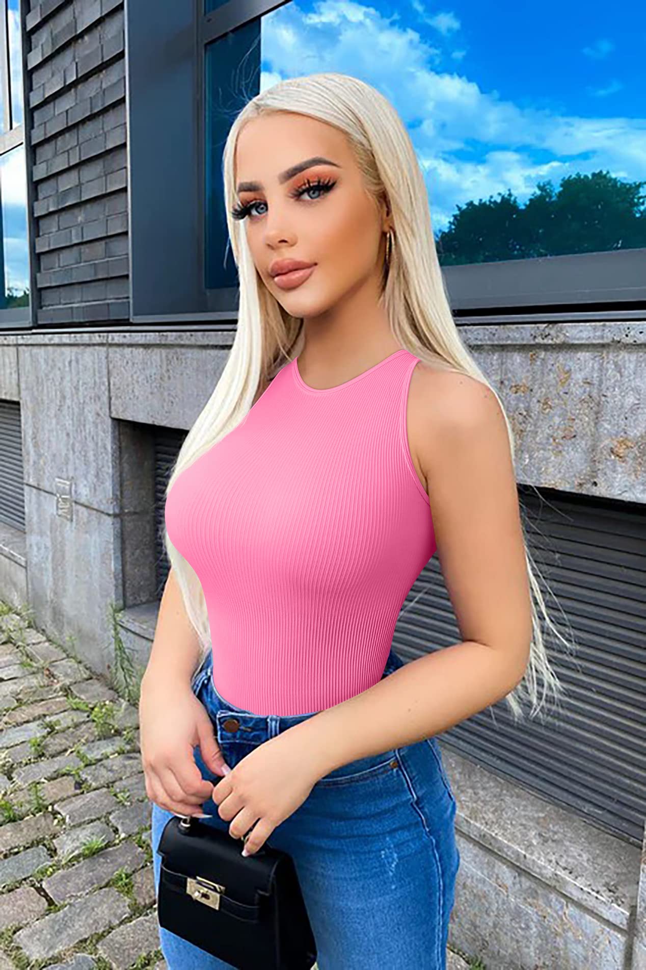 OQQ Women's 3 Piece Bodysuits Sexy Ribbed One Piece Sleeveless Halter Neck Tops Leotard Summer Trendy Phosphor Coral-Orange White