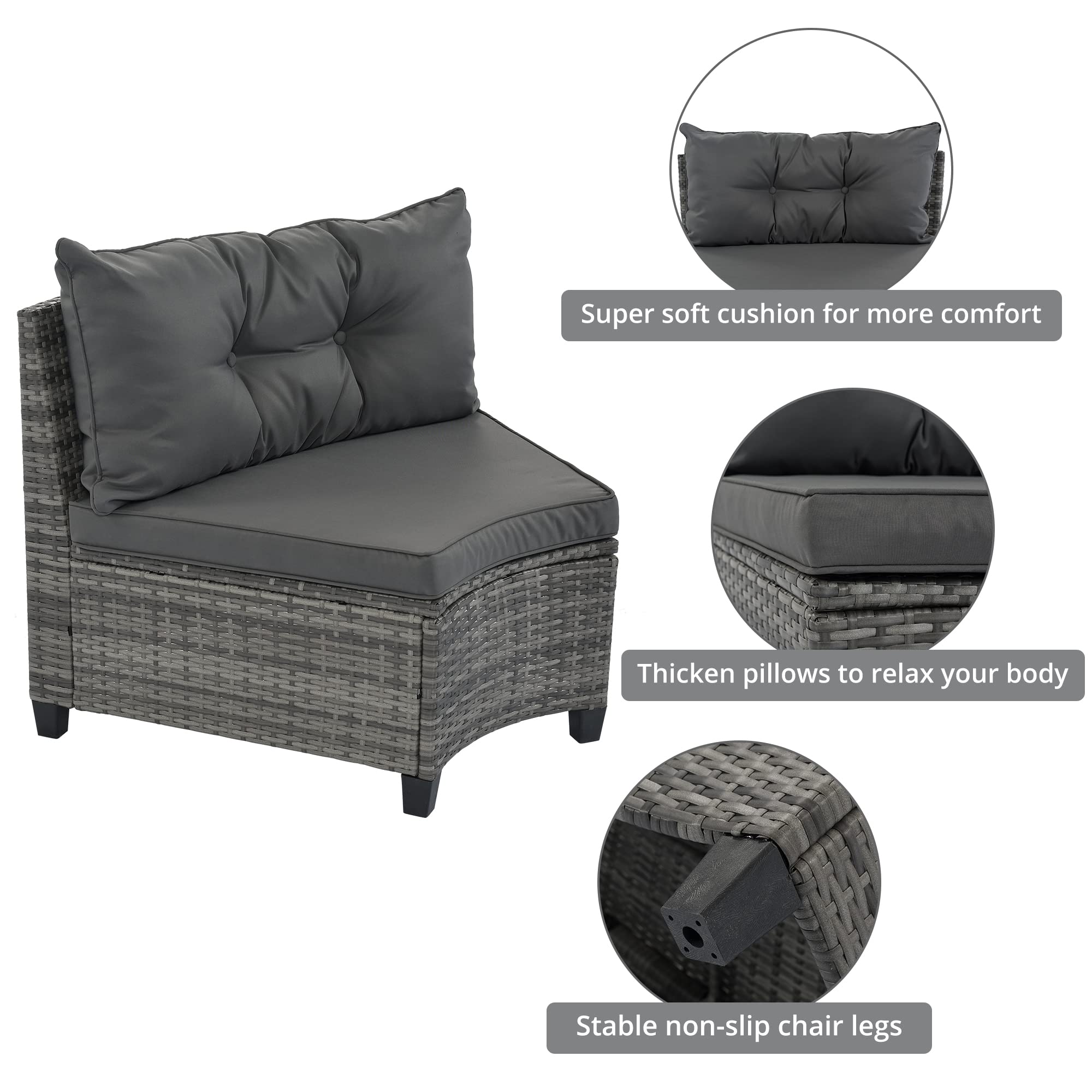 8-Pieces Outdoor Wicker Half-Moon Sectional Sofa Set, All-Weather PE Rattan Wicker Furniture Set with Rectangular Coffee Table and Movable Cushion, Best for Business Conversations (Gray/8-piece*H)
