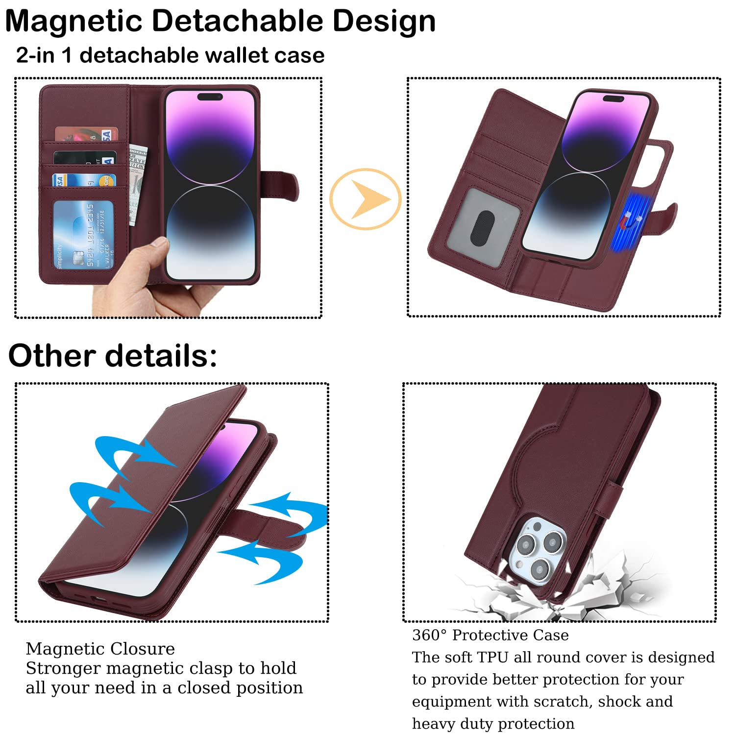 Havaya for iPhone 14 pro max Phone case Wallet for Women iPhone 14 pro max Wallet case Magsafe Compatible with Card Holder flip Folio Detachable Magnetic Leather Phone Cover-Wine Red