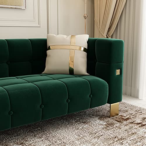 MoLiFaning 89" Modern Chesterfield Velvet Sofas Mid Century Modern Button Tufted Velvet Couches with 2 Pillows and Gold Legs,for Living Room Apartment Bedroom Office (89" Green)