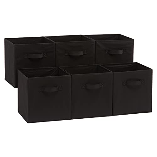 Amazon Basics Expandable Metal Hanging Storage Organizer Rack Wardrobe with Shelves, 14"-63" x 58"-72", Black & Amazon Basics Collapsible Fabric Storage Cubes Organizer with Handles, Black - Pack of 6