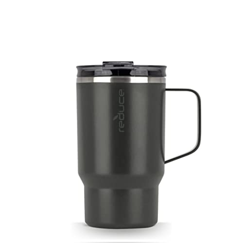 REDUCE Travel Coffee Mug, 18 oz - Insulated Mug for Hot Tea, Coffee and Other Hot Drinks - With Flo-Motion Lid and Handle - Single-Serve and Cupholder Friendly - Stone