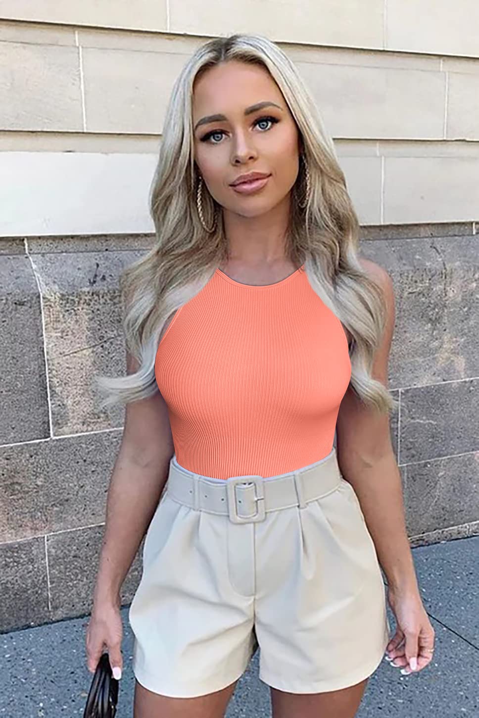 OQQ Women's 3 Piece Bodysuits Sexy Ribbed One Piece Sleeveless Halter Neck Tops Leotard Summer Trendy Phosphor Coral-Orange White