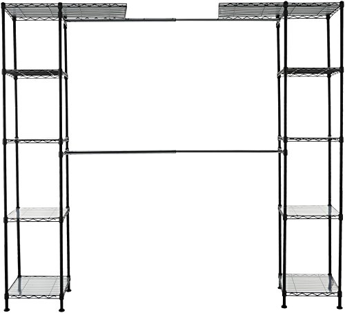 Amazon Basics Expandable Metal Hanging Storage Organizer Rack Wardrobe with Shelves, 14"-63" x 58"-72", Black & Amazon Basics Collapsible Fabric Storage Cubes Organizer with Handles, Black - Pack of 6
