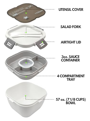FORZAROCKET Bento Box 57-Oz With 3-Oz Leak Proof Salad Dressing Container For Lunch 4 Compartment Lunch Containers And Salad Bowl With Lid Lunch Spork And Knife Bpa Free (Blue Yellow)