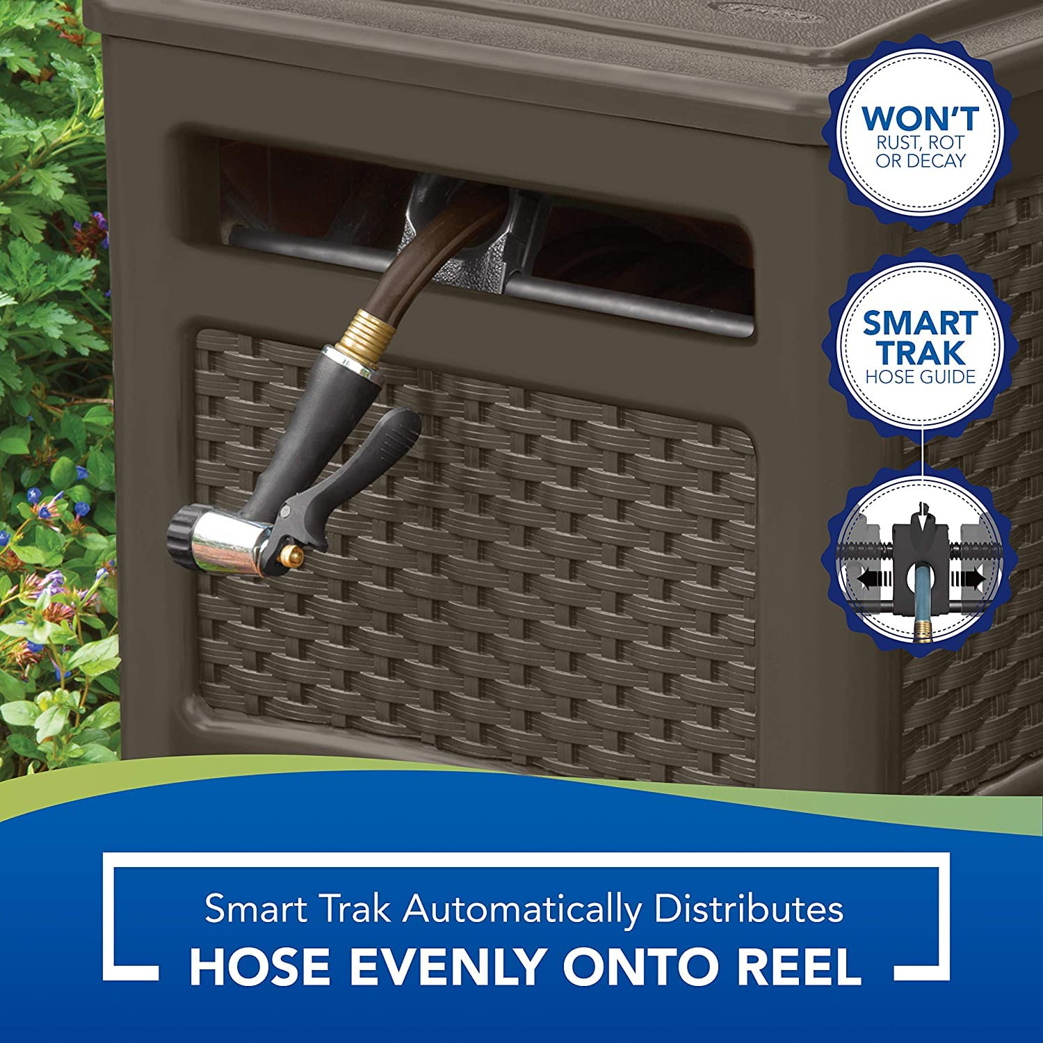 Hose Reel Resin 225 ft Hideaway Outdoor Storage Reel with Crank Handle, Lid, and Slide Trak Guide 225' Hose Capacity