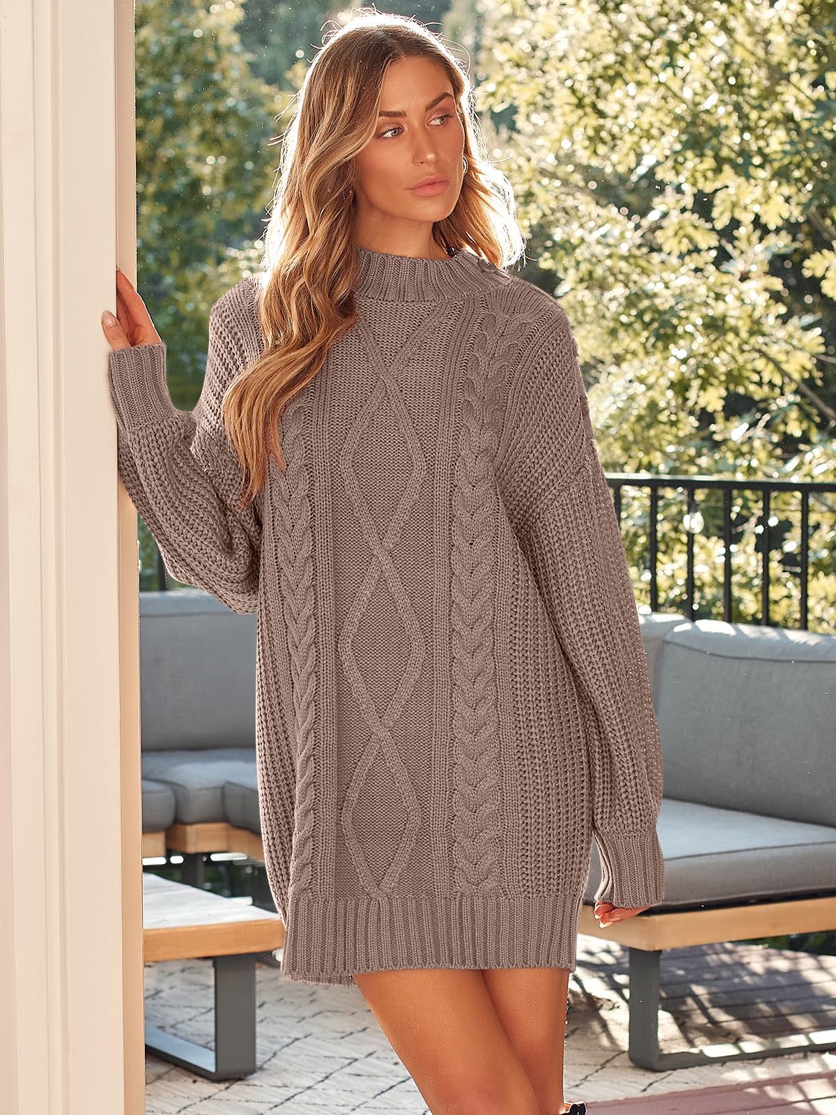 LILLUSORY Women's Crewneck Oversized Sweater Dress 2024 Fall Fashion Cable Knit Long Sleeve Dresses Chunky Pullover Tops Nutmeg XL