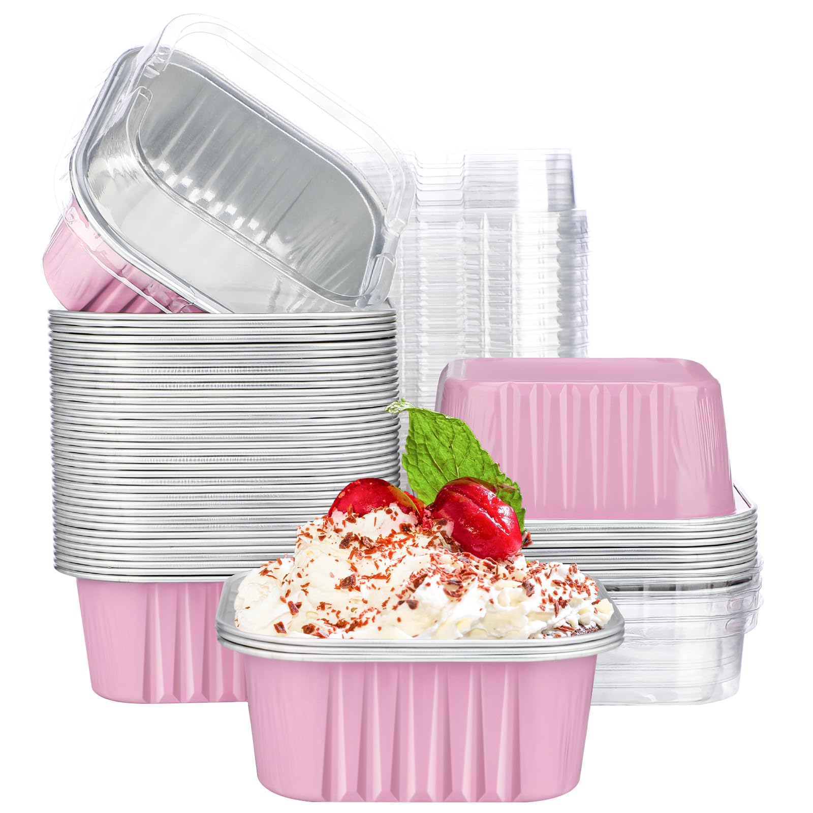 EUSOAR Cupcake Liner, 50pcs 10oz Pink Foil Mini Flan with Lids, Loaf Pans Aluminium Tins for Baking, Disposable Creme Brulee Cups Dessert Containers for Pie Souffle, Cake Holder for Party Serving