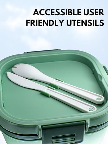 FORZAROCKET Bento Box 57-Oz With 3-Oz Leak Proof Salad Dressing Container For Lunch 4 Compartment Lunch Containers And Salad Bowl With Lid Lunch Spork And Knife Bpa Free (Blue Yellow)