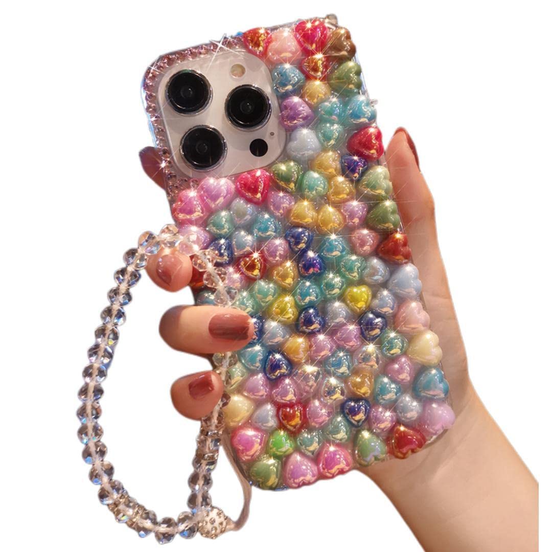 redecarie for Galaxy S9 Plus Case,Women Girls Kids Love Pearl Luxury Crystal Rhinestone Bling Glitter Diamond Bumper Clear Phone Cover with Wrist Strap for Samsung Galaxy S9 Plus