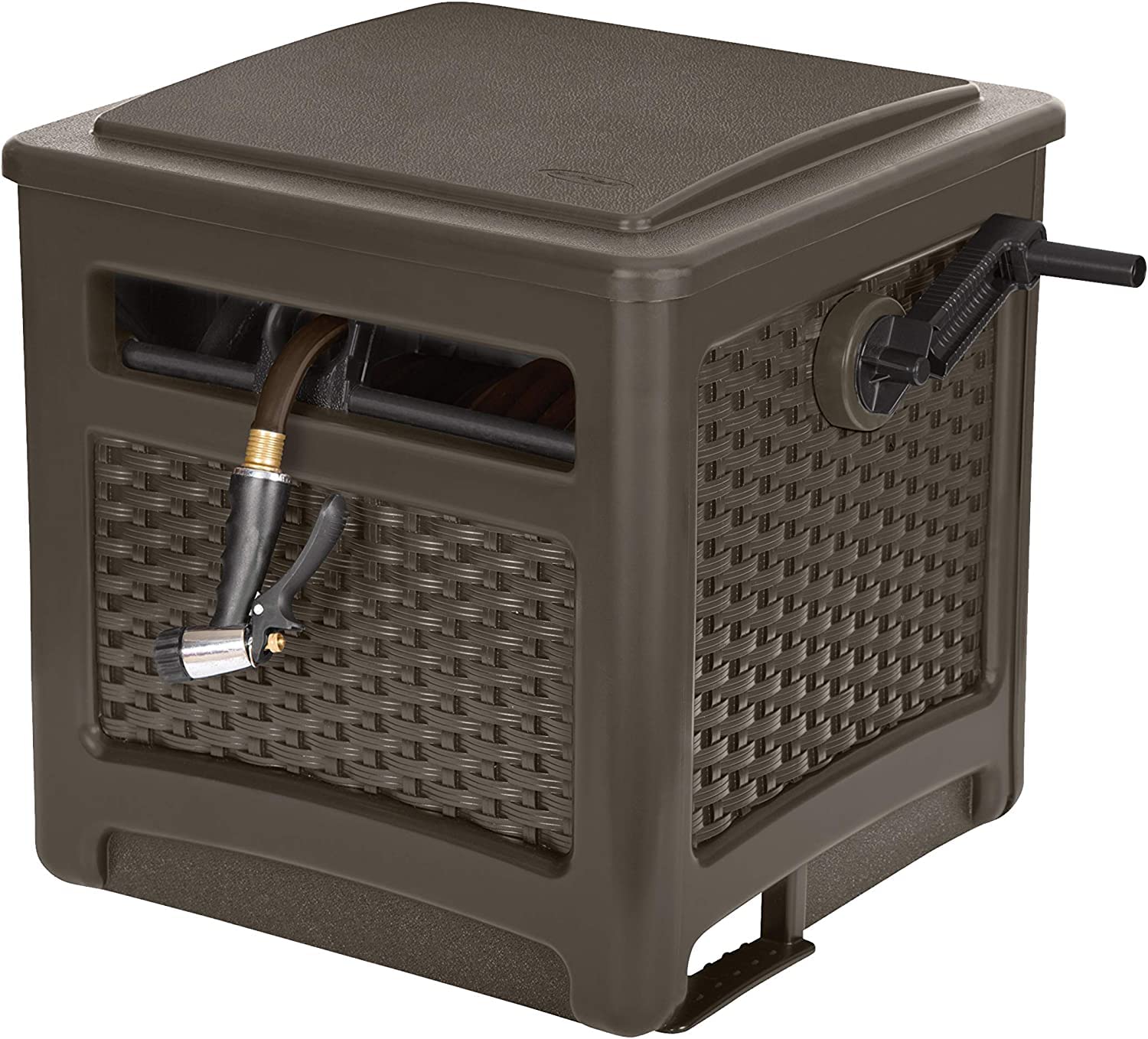 Hose Reel Resin 225 ft Hideaway Outdoor Storage Reel with Crank Handle, Lid, and Slide Trak Guide 225' Hose Capacity