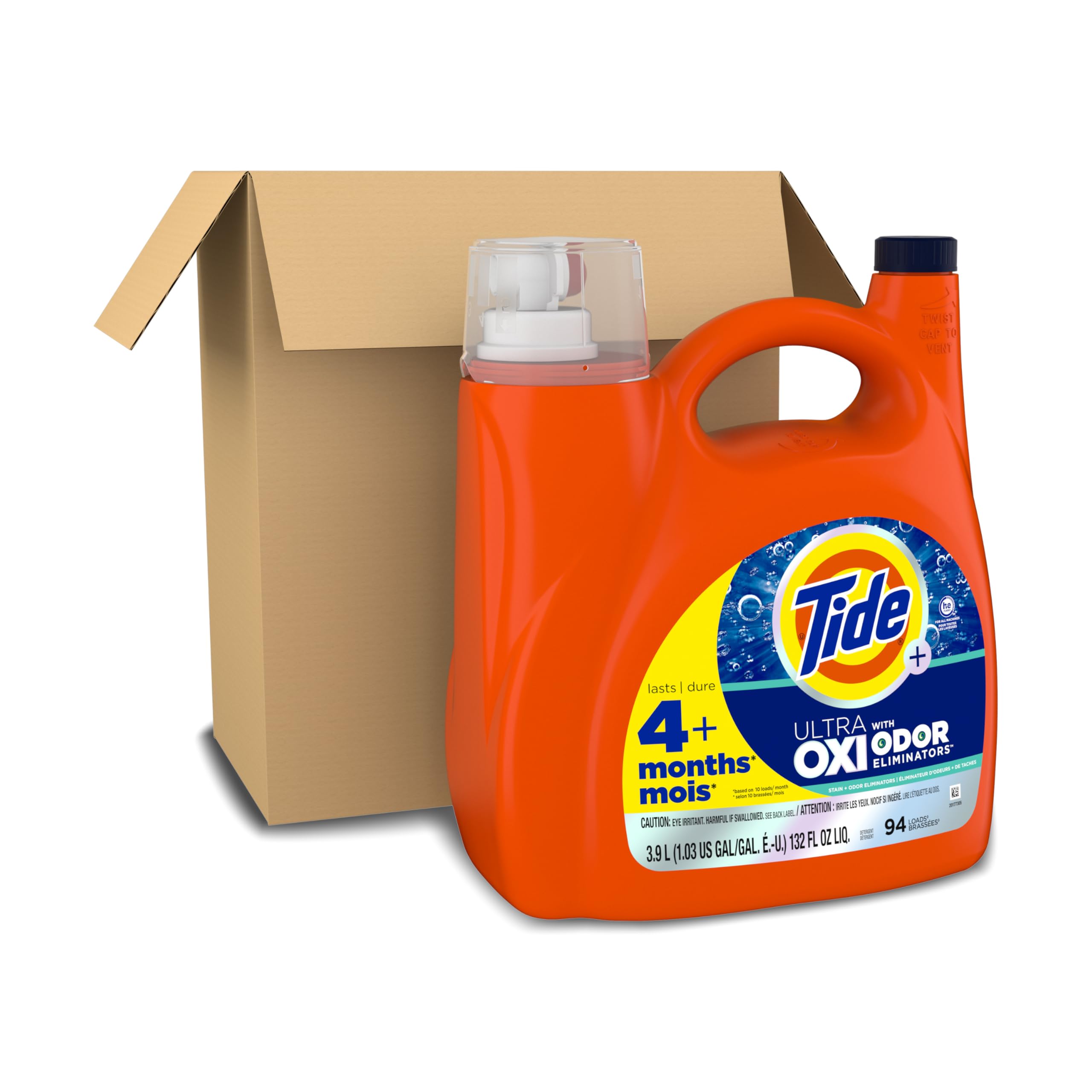 Tide Ultra OXI with Odor Eliminators Liquid Laundry Detergent Soap, HE Compatible, 94 Loads, 132 fl oz, Tide Laundry Detergent, Liquid Laundry Detergent