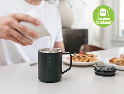 REDUCE Travel Coffee Mug, 18 oz - Insulated Mug for Hot Tea, Coffee and Other Hot Drinks - With Flo-Motion Lid and Handle - Single-Serve and Cupholder Friendly - Stone