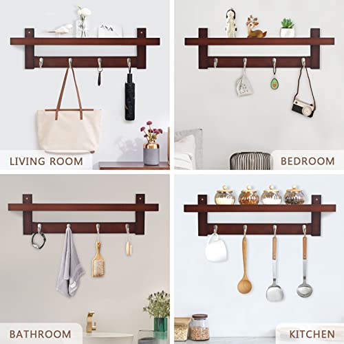 SONGWAY Wall Mounted Floating Shelf - Wall Coat Rack with Hooks and Shelf, Rustic Floating Shelf, Wood Wall Shelf with Hooks, Key Holder for Wall, Brown