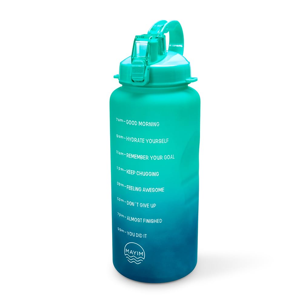 Mayim Half Gallon Motivational Water Bottle with Time Marker Reminder & Volume Measurements – BPA-Free Reusable Water Jug with Covered Straw Lid- 64 Ounce (Teal/Blue)