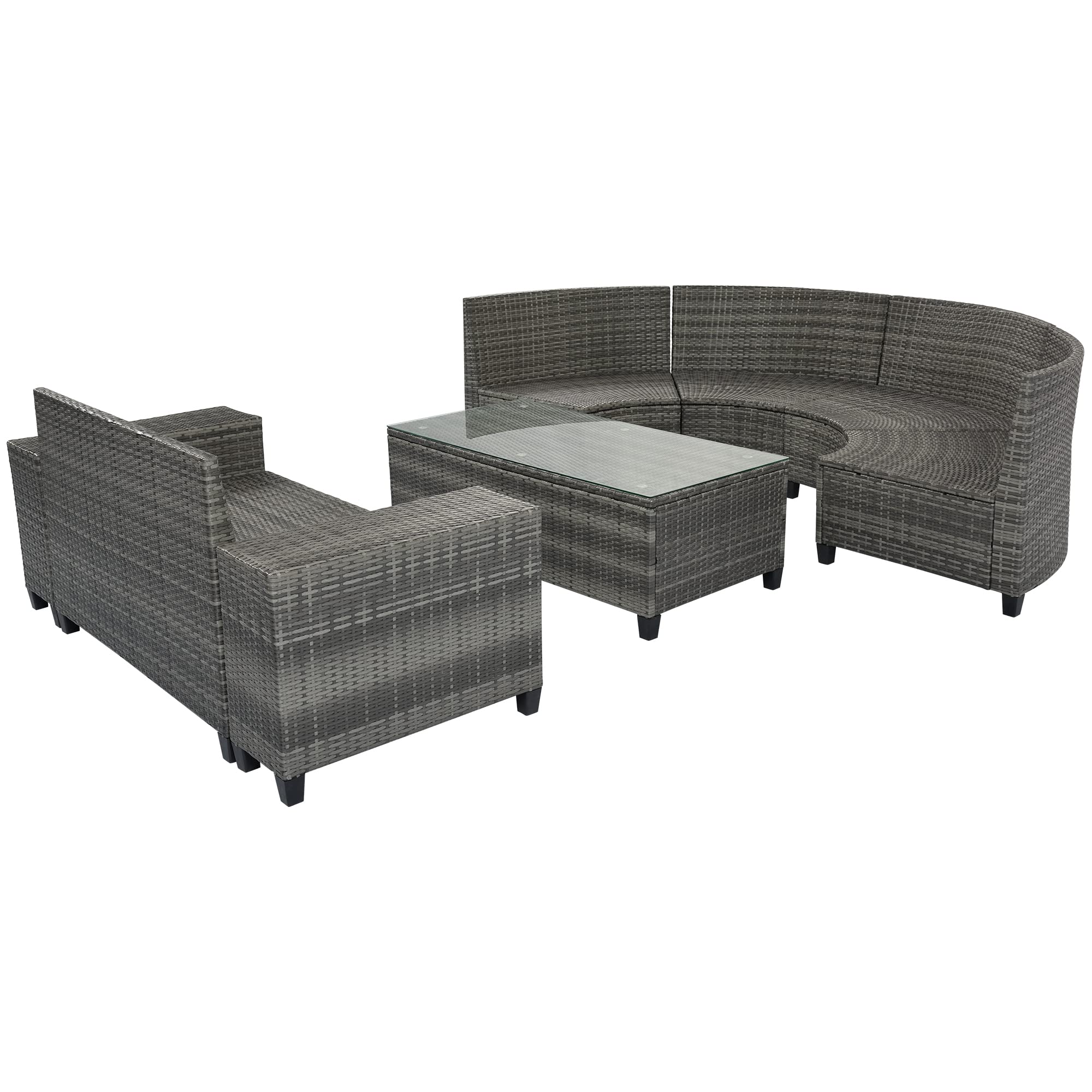 8-Pieces Outdoor Wicker Half-Moon Sectional Sofa Set, All-Weather PE Rattan Wicker Furniture Set with Rectangular Coffee Table and Movable Cushion, Best for Business Conversations (Gray/8-piece*H)