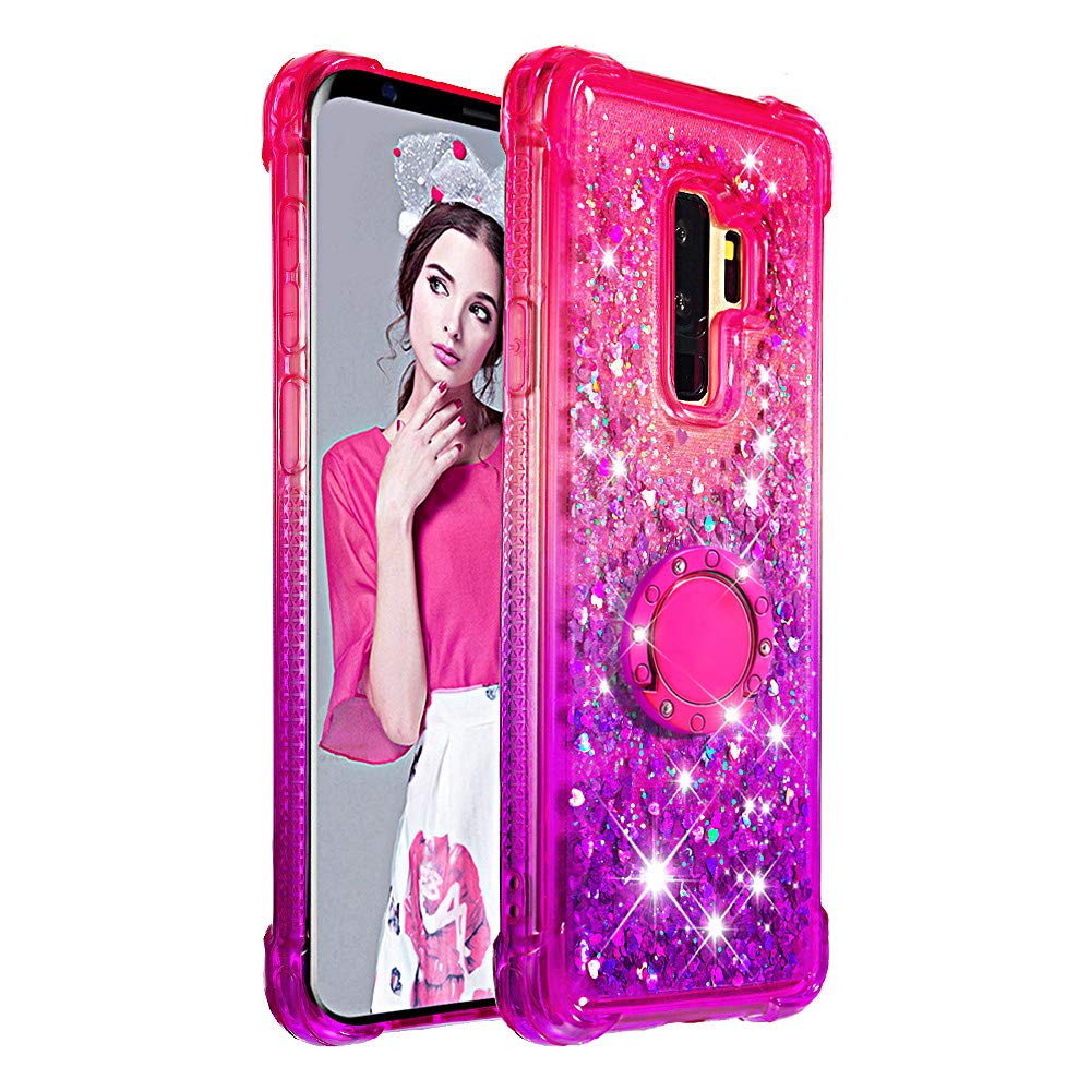 ONV Silicone Case Compatible with Samsung Galaxy S9 Plus - with Metal Ring Shinny Phone Case with Flow Sand Kickstand Bumper Anti-Drop Soft Shell for Samsung Galaxy S9 Plus Cover TPU [JB] - P&P