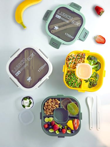 FORZAROCKET Bento Box 57-Oz With 3-Oz Leak Proof Salad Dressing Container For Lunch 4 Compartment Lunch Containers And Salad Bowl With Lid Lunch Spork And Knife Bpa Free (Blue Yellow)