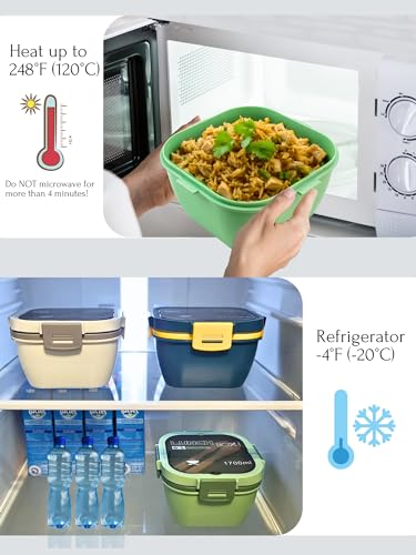 FORZAROCKET Bento Box 57-Oz With 3-Oz Leak Proof Salad Dressing Container For Lunch 4 Compartment Lunch Containers And Salad Bowl With Lid Lunch Spork And Knife Bpa Free (Blue Yellow)