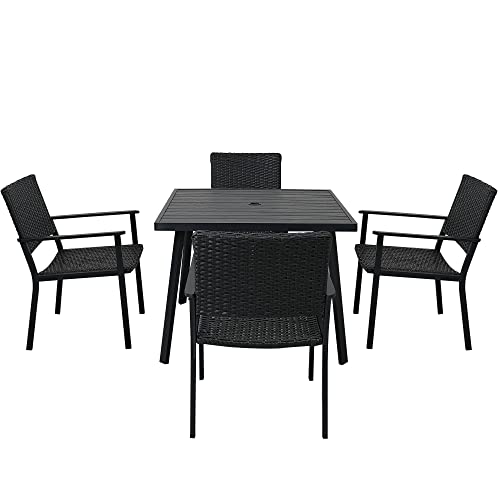 HHOK 5-Piece Table Umbrella Hole and 4 Dining Chairs for Garden, Deck, Outdoor Patio PE Wicker Sets, Frame+Black Rattan