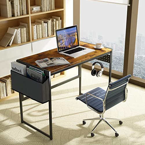 Recaceik 39 Inch Home Office Computer, Modern Vintage Brown Laptop Table Study Work w/Storage Bag Organizer and Hook, Simple Gaming & Working Desk