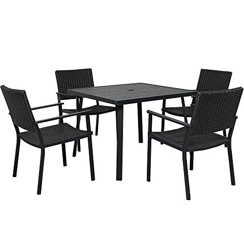 HHOK 5-Piece Table Umbrella Hole and 4 Dining Chairs for Garden, Deck, Outdoor Patio PE Wicker Sets, Frame+Black Rattan