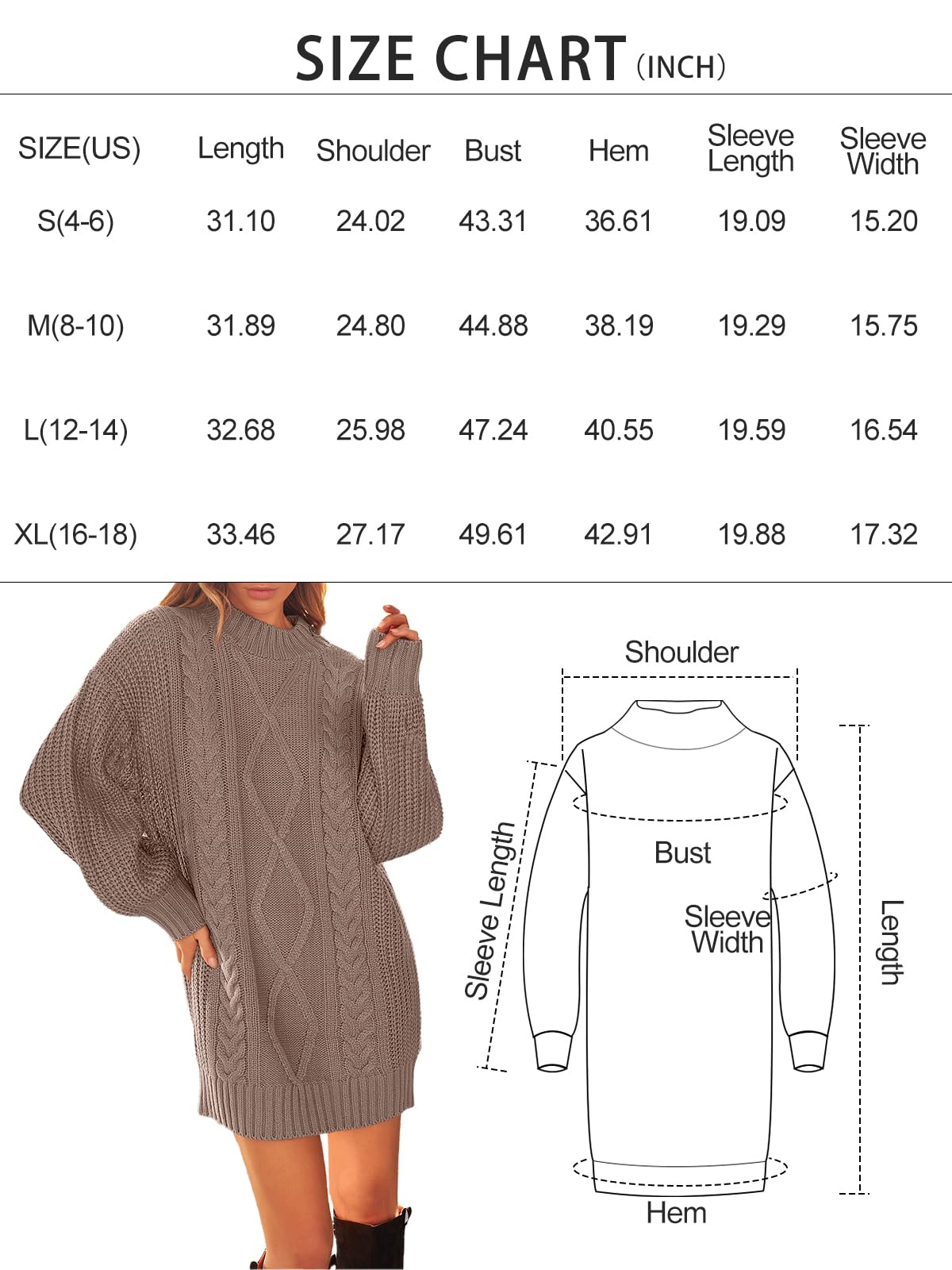 LILLUSORY Women's Crewneck Oversized Sweater Dress 2024 Fall Fashion Cable Knit Long Sleeve Dresses Chunky Pullover Tops Nutmeg XL