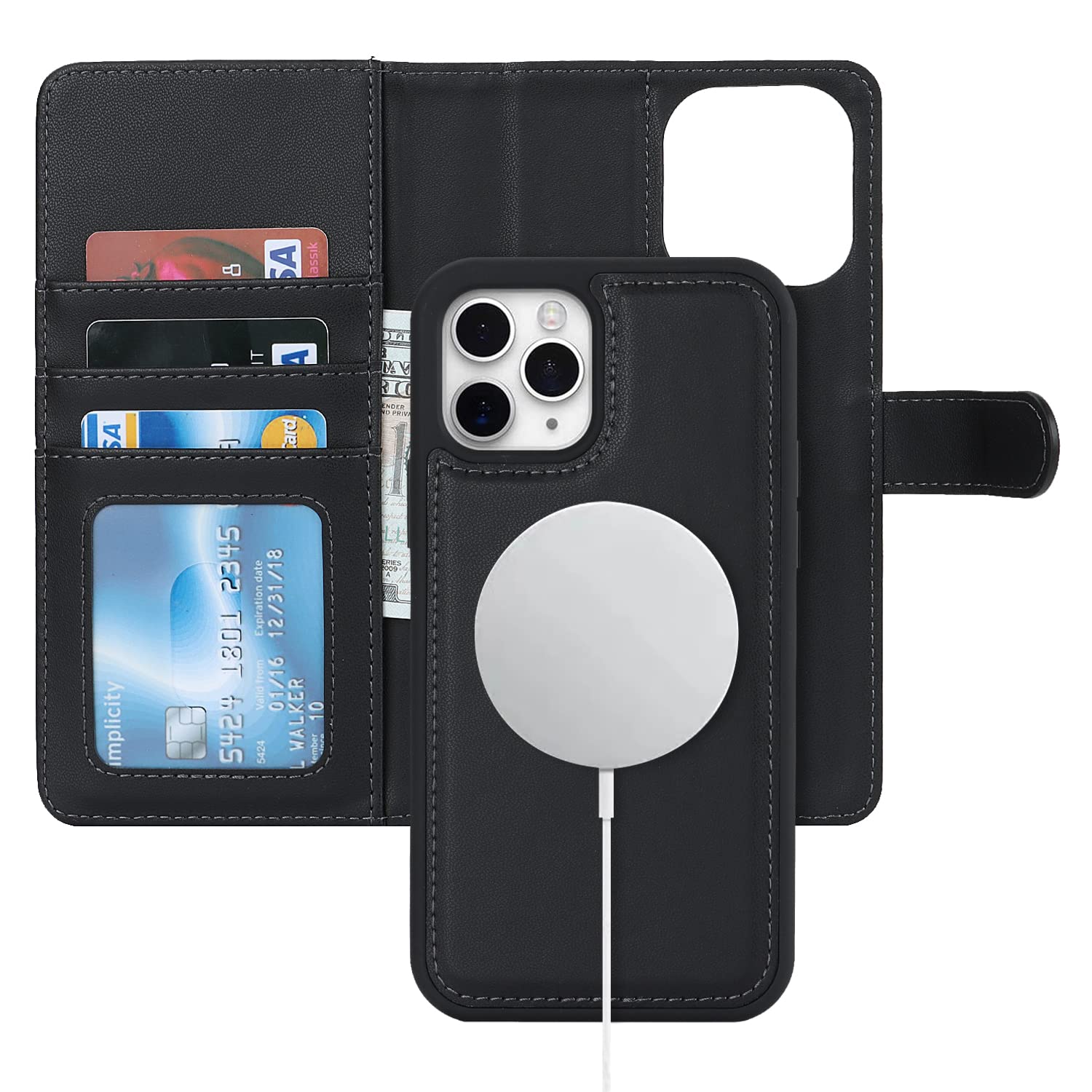 ď˝ď˝ď˝ď˝ď˝ for iPhone 12 Wallet case iPhone 12 case with Card Holder Detachable Magnetic mgasafe Phone case iPhone 12 pro case letaher flip Cover-Black