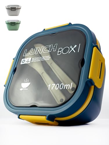 FORZAROCKET Bento Box 57-Oz With 3-Oz Leak Proof Salad Dressing Container For Lunch 4 Compartment Lunch Containers And Salad Bowl With Lid Lunch Spork And Knife Bpa Free (Blue Yellow)