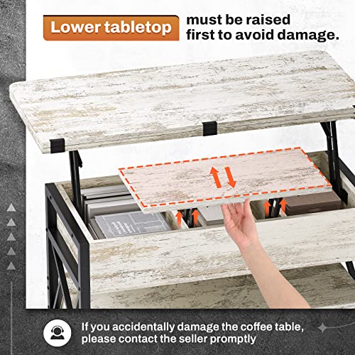 Itaar 40" Lift Top Coffee Table, 4 in 1 Coffee Tables with Storage for Living Room, Small Farmhouse Coffee Table with 2 Drawers & LED Light for Dining Reception Room, Rustic White