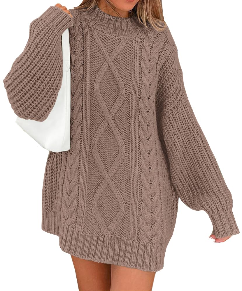 LILLUSORY Women's Crewneck Oversized Sweater Dress 2024 Fall Fashion Cable Knit Long Sleeve Dresses Chunky Pullover Tops Nutmeg XL