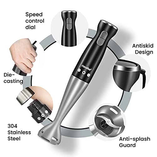 COMFEE' Immersion Hand Blender, Brushed Stainless Steel, 2-Speed, Multipurpose Stick Blender with 200 Watts, 600ml Mixing Beaker and Whisk, Perfect for Baby Food, Smoothies, Sauces and Soups, Black