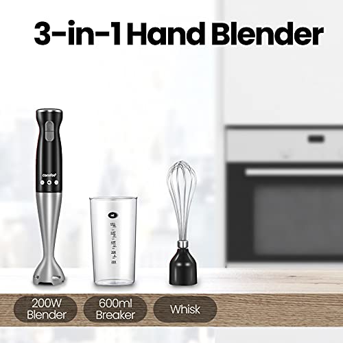 COMFEE' Immersion Hand Blender, Brushed Stainless Steel, 2-Speed, Multipurpose Stick Blender with 200 Watts, 600ml Mixing Beaker and Whisk, Perfect for Baby Food, Smoothies, Sauces and Soups, Black