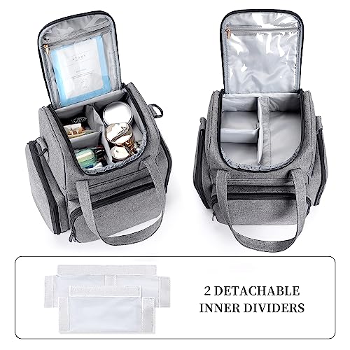 LEAFFUP 2 Layers Large Travel Makeup Bag with 2 Removable Pouches, Large Cosmetic Bag with Detachable Partition, Portable Cosmetic Bag with Multiple Storage Sections (Patent Pending), Grey