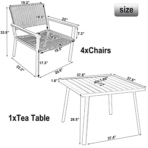 HHOK 5-Piece Table Umbrella Hole and 4 Dining Chairs for Garden, Deck, Outdoor Patio PE Wicker Sets, Frame+Black Rattan
