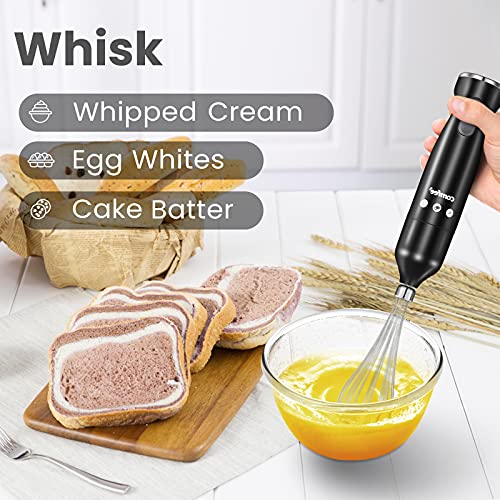 COMFEE' Immersion Hand Blender, Brushed Stainless Steel, 2-Speed, Multipurpose Stick Blender with 200 Watts, 600ml Mixing Beaker and Whisk, Perfect for Baby Food, Smoothies, Sauces and Soups, Black