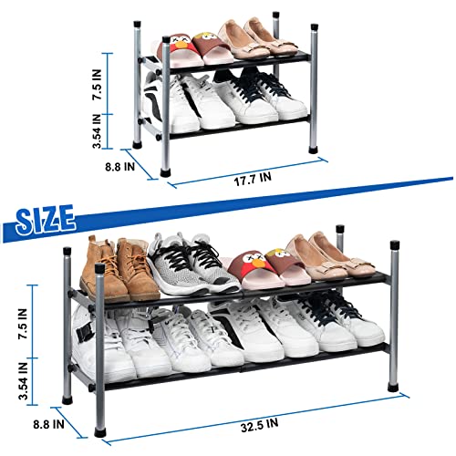 HEDOMII 2-Tier Expandable Shoe Rack, Stackable and Adjustable Shoes Organizer Storage Shelf, Sturdy and Durable Metal Structure Free Standing Shoe Rack for Closet Entryway Doorway